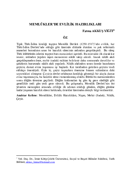 (PDF) MEMLÛKLER'DE EVLİLİK HAZIRLIKLARI - THE PREPARATION OF MARRIAGE IN MAMLUKS