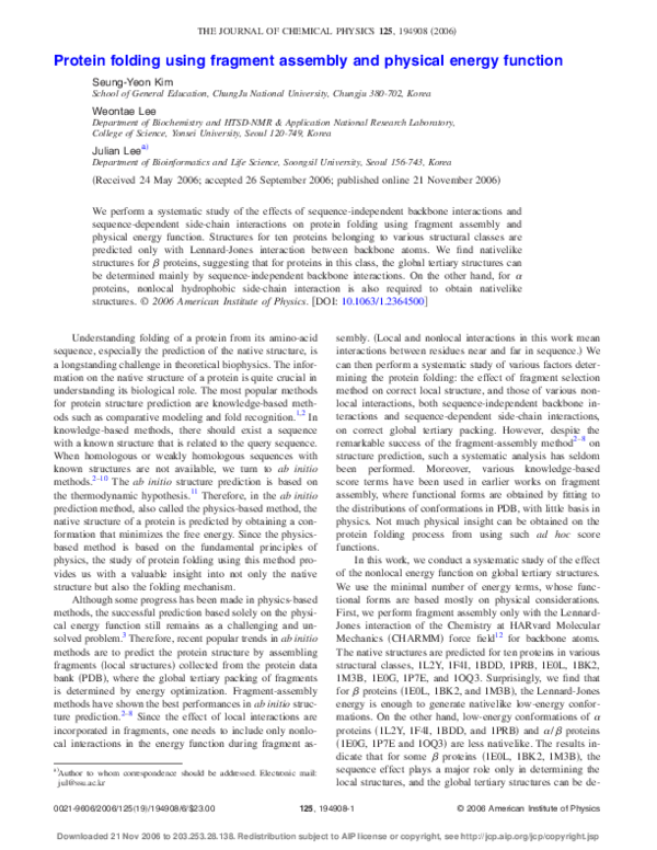 (PDF) Protein folding using fragment assembly and physical energy function