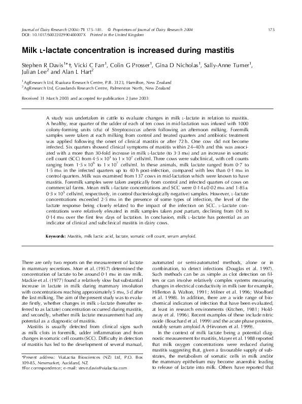 (PDF) Milk L-lactate concentration is increased during mastitis