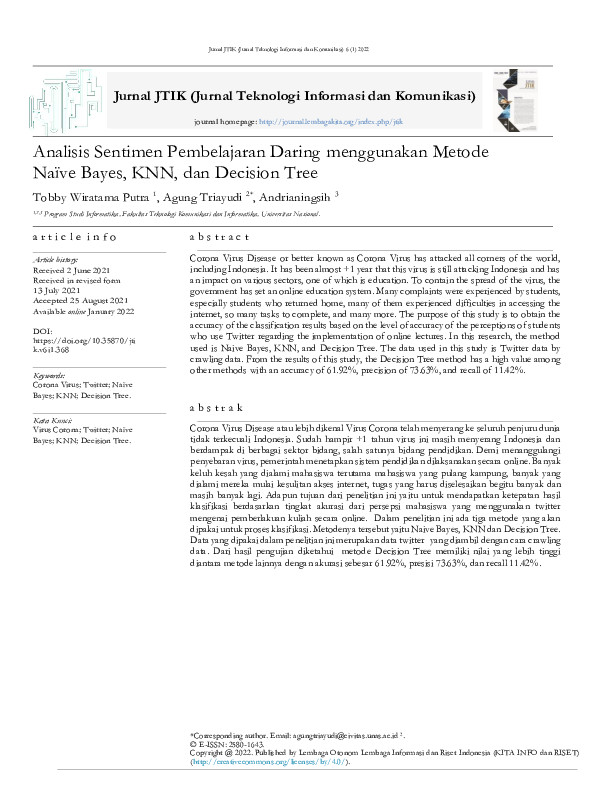 (PDF) Analisis Sentimen Pembelajaran Daring Menggunakan Metode NaÃ¯ve Bayes, KNN, dan Decision Tree