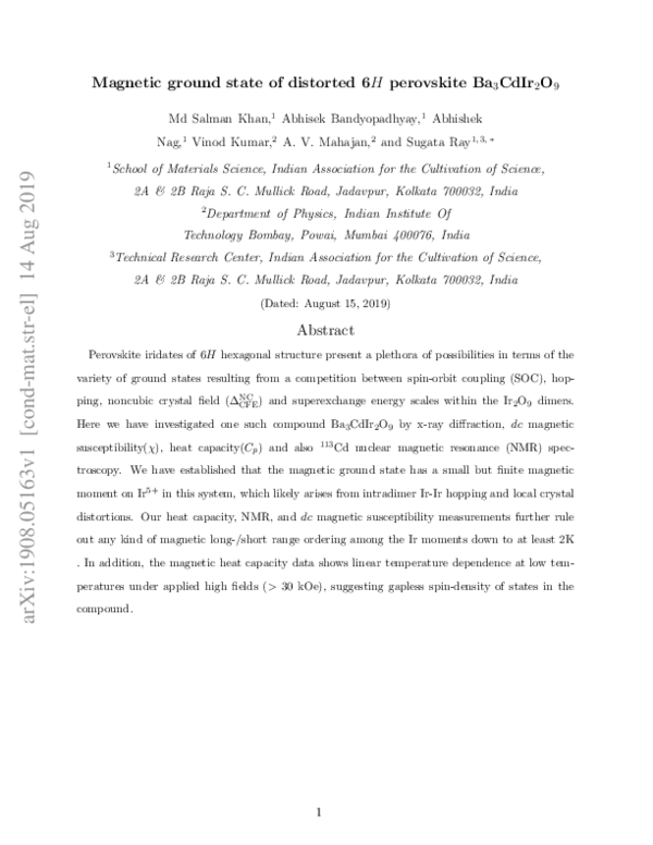 (PDF) Magnetic ground state of the distorted 6H perovskite Ba3CdIr2O9