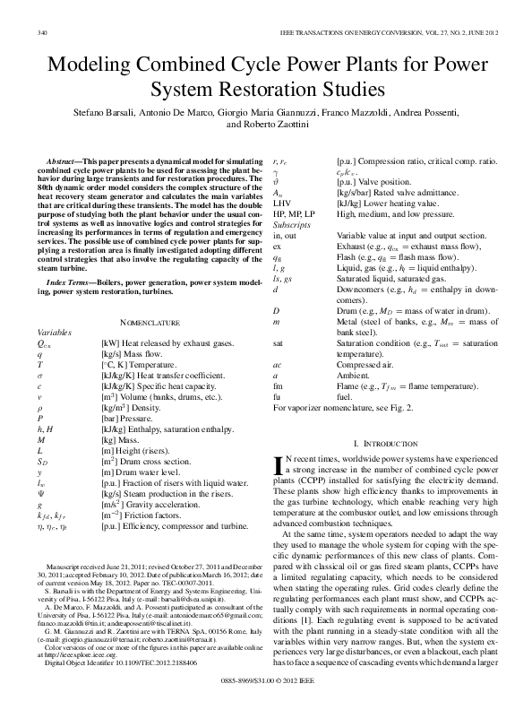 (PDF) Modeling Combined Cycle Power Plants for Power System Restoration Studies