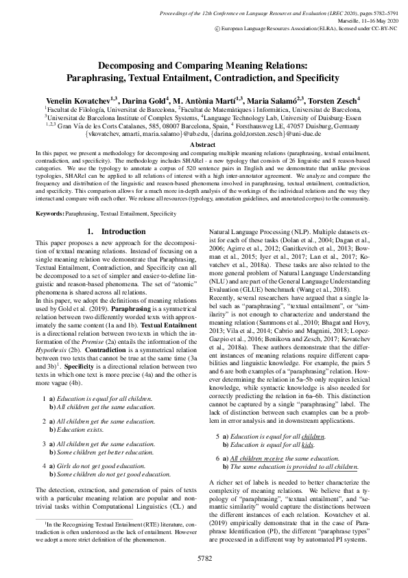 (PDF) Decomposing and Comparing Meaning Relations: Paraphrasing, Textual Entailment ...