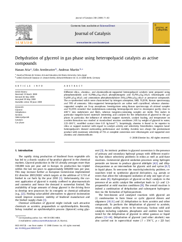 (PDF) Glycerol Dehydration with Heteropolyacid Catalysts