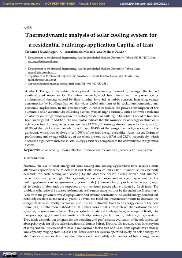 Pdf Thermodynamic Analysis Of Solar Cooling System For A Residential Buildings Application