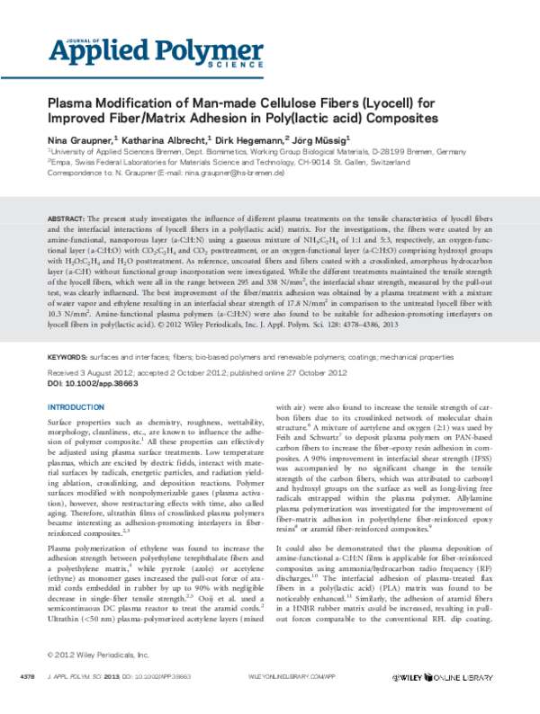 (PDF) Plasma modification of man-made cellulose fibers (Lyocell) for ...
