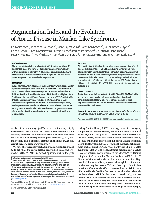 (PDF) Augmentation index and the evolution of aortic disease in marfan ...