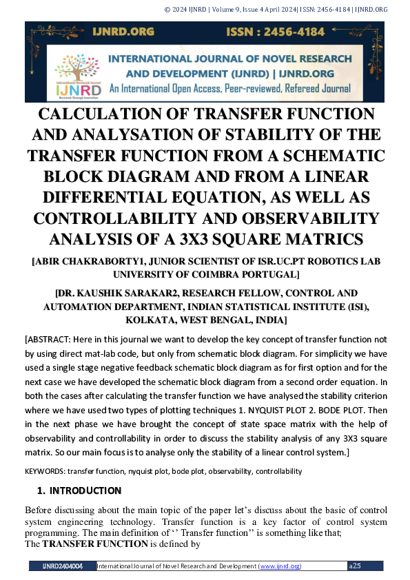 (PDF) CALCULATION OF TRANSFER FUNCTION AND ANALYSATION OF STABILITY OF THE TRANSFER FUNCTION ...