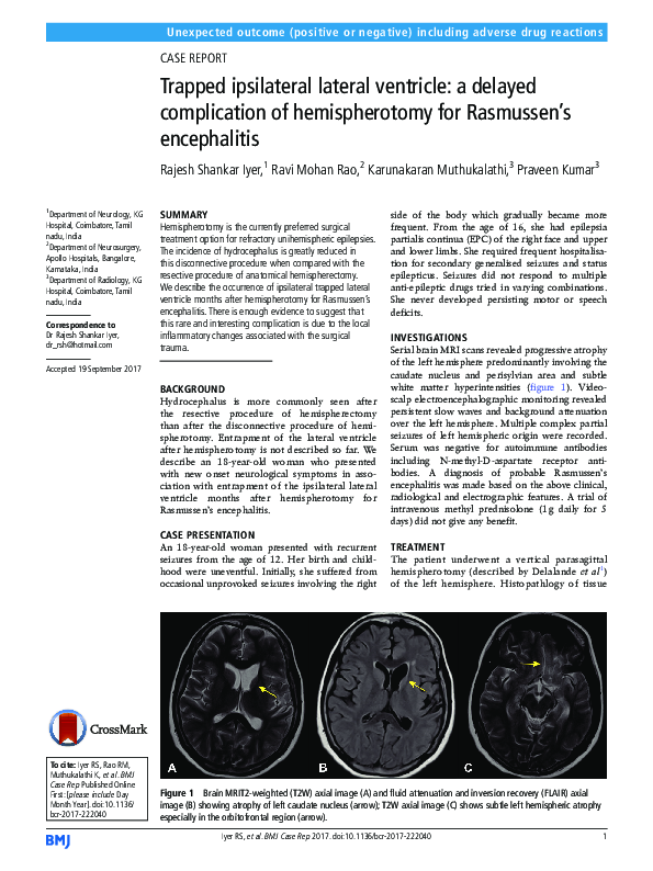 (PDF) Trapped ipsilateral lateral ventricle: a delayed complication of ...