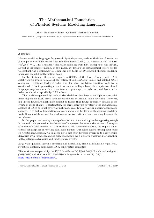 (PDF) The Mathematical Foundations of Physical Systems Modeling Languages