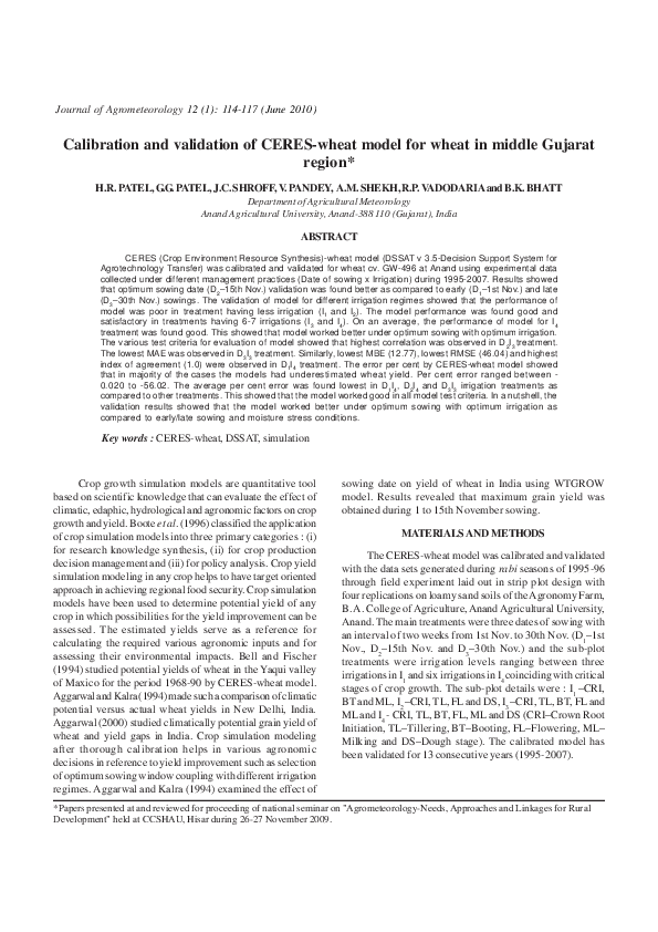 Pdf Calibration And Validation Of Ceres Wheat Model For Wheat In Middle Gujarat Region