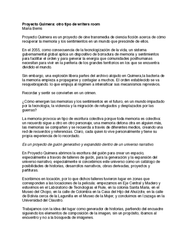 (PDF) Proyecto Quimera: otro tipo de writers room María Berns Proyecto ...