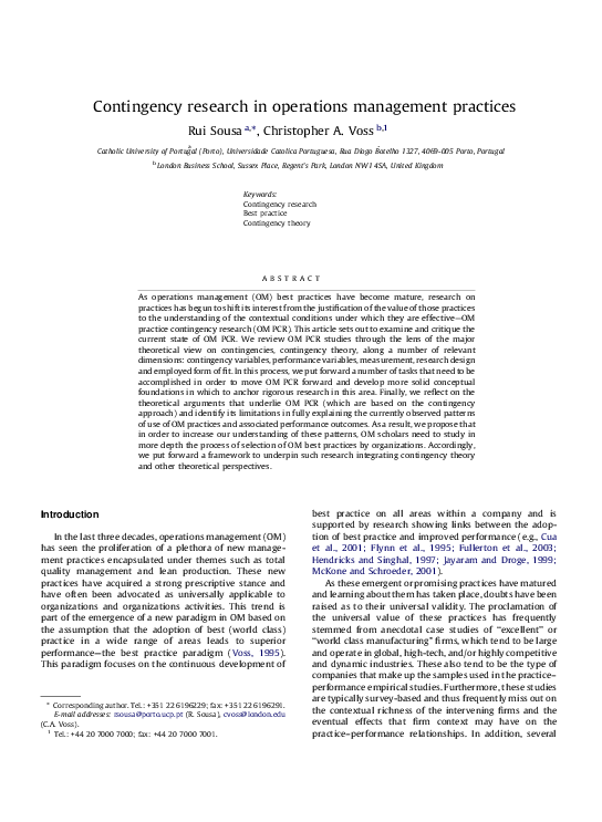 PDF Contingency Research In Operations Management Practices Rui PDF Contingency Research In Operations Management Practices Rui