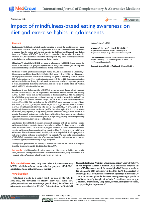 (PDF) Impact of Mindfulness-Based Eating Awareness on Diet and Exercise ...
