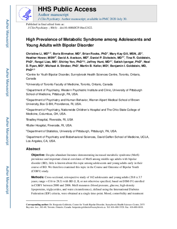 (PDF) High Prevalence of Metabolic Syndrome Among Adolescents and Young Adults With Bipolar Disorder