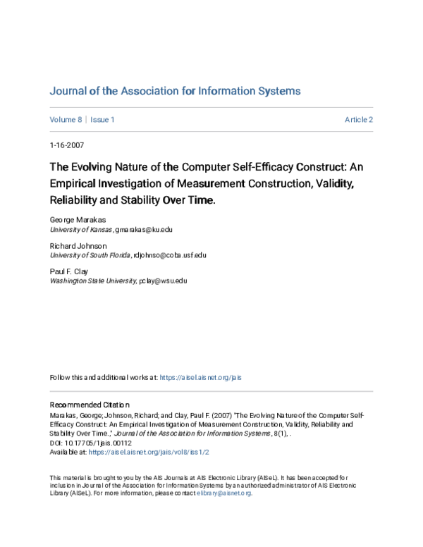 (PDF) The Evolving Nature of the Computer Self-Efficacy Construct: An Empirical Investigation of ...