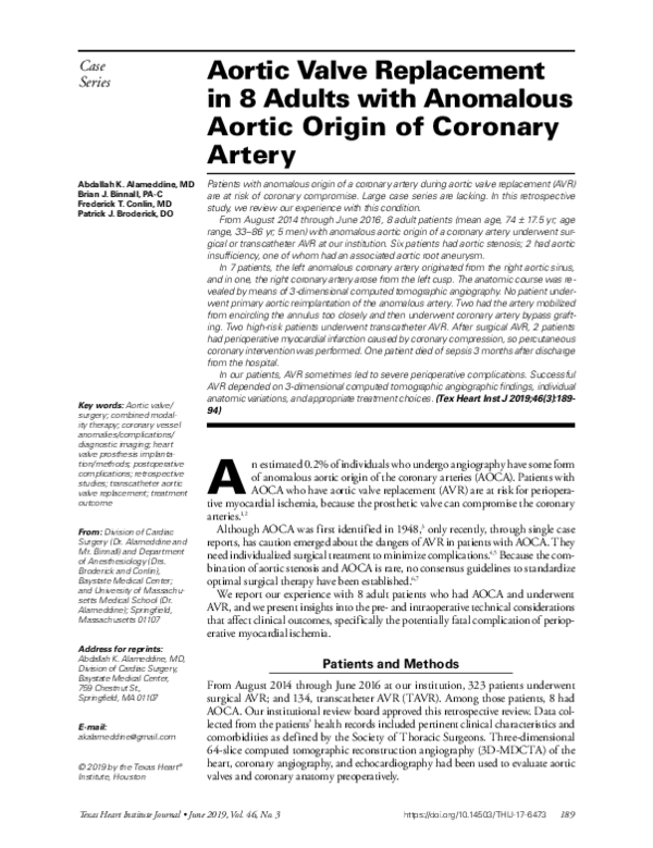 (PDF) Aortic Valve Replacement in 8 Adults with Anomalous Aortic Origin of Coronary Artery