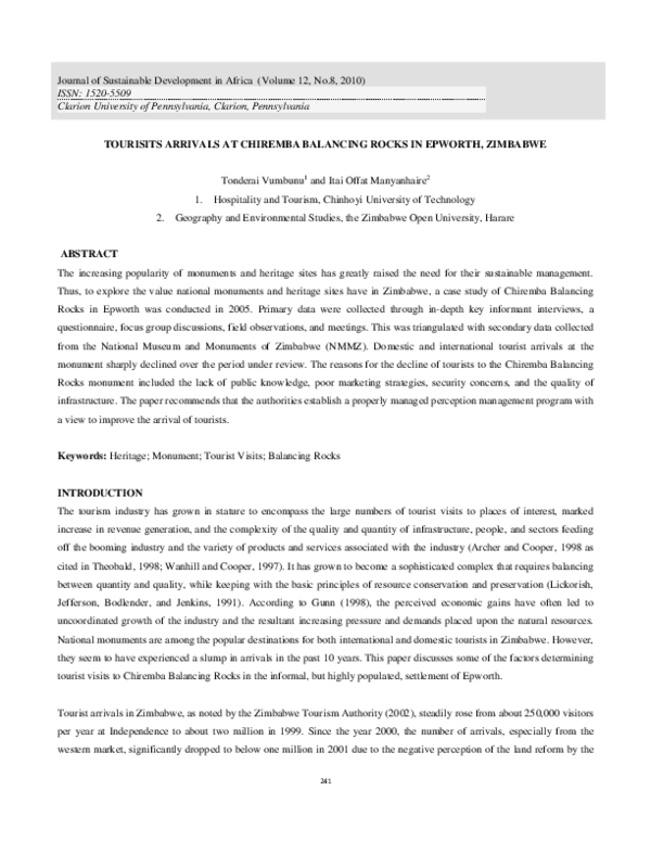 (PDF) Tourisits Arrivals at Chiremba Balancing Rocks in Epworth, Zimbabwe