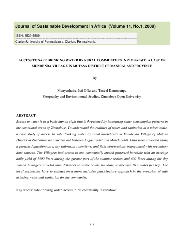 (PDF) Access to Safe Drinking Water by Rural Communities in Zimbabwe: A ...