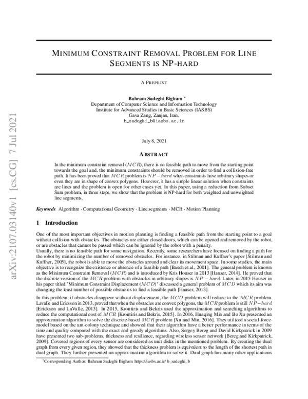 (PDF) Minimum Constraint Removal Problem for Line Segments is NP-hard