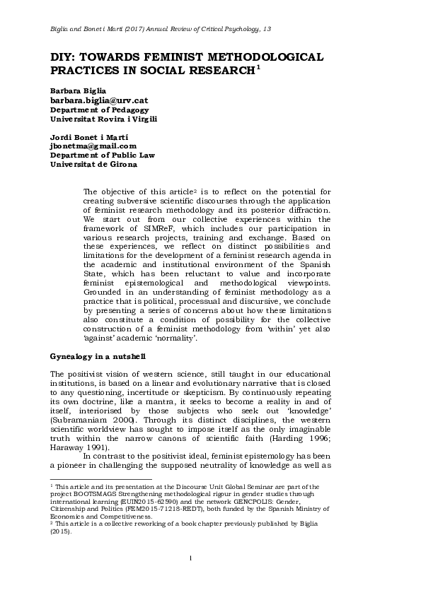 (PDF) Diy: Towards Feminist Methodological Practices in Social Research 1