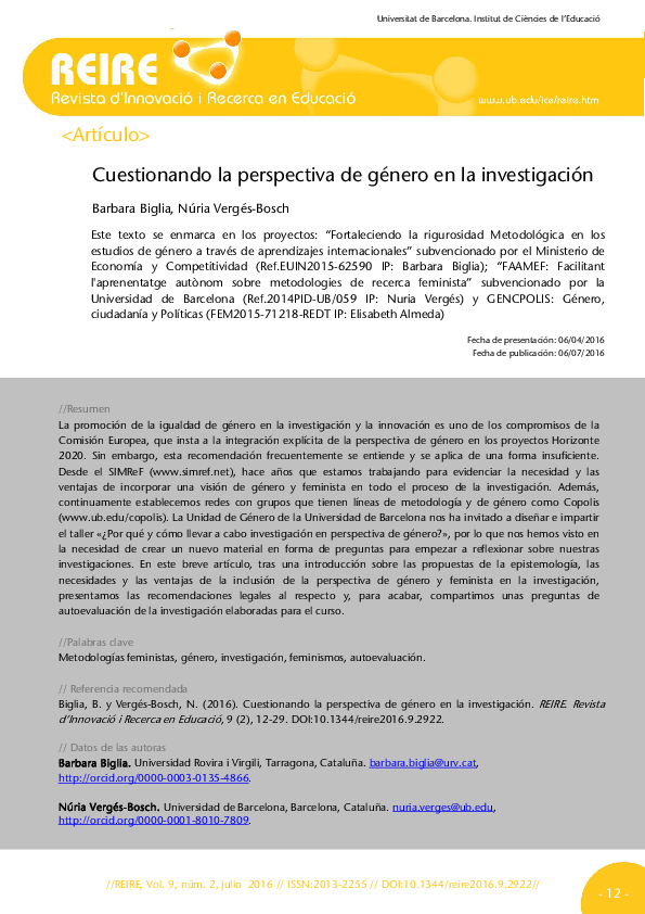 (PDF) Cuestionando la perspectiva de g nero en la investigaci n