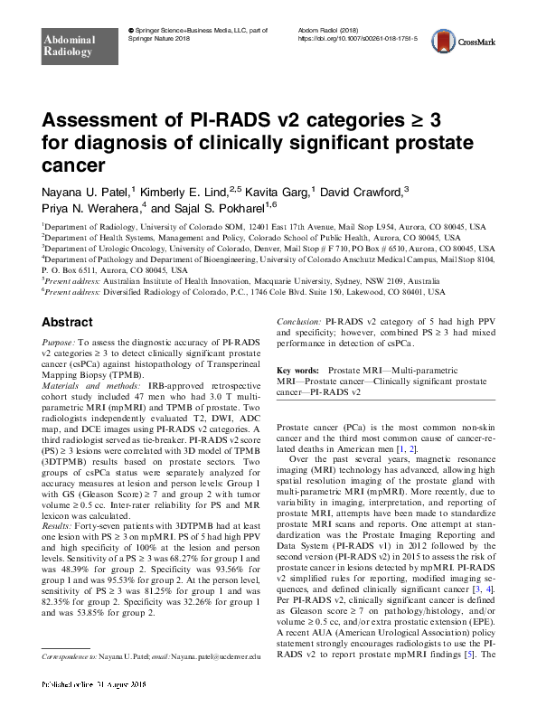 (PDF) Assessment of PI-RADS v2 categories ≥ 3 for diagnosis of clinically significant prostate ...