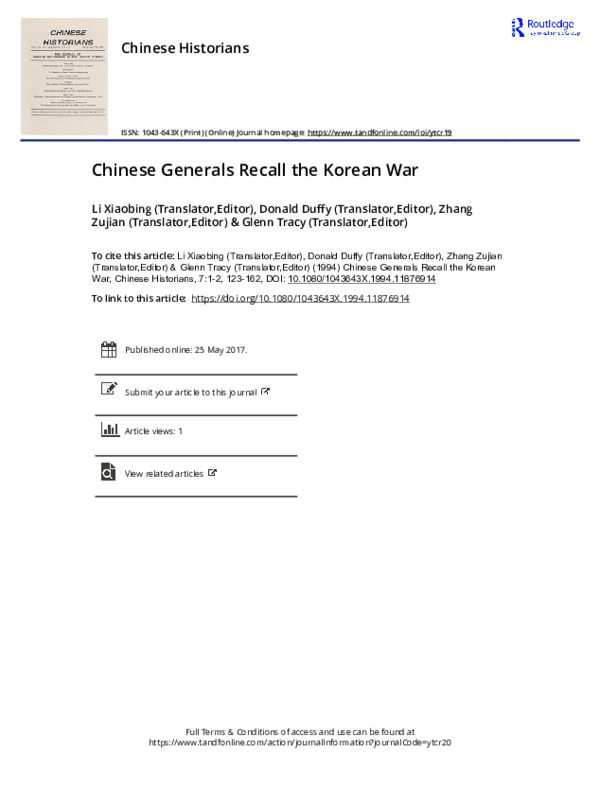 (PDF) Chinese Generals Recall the Korean War | Zujian Zhang - Academia.edu