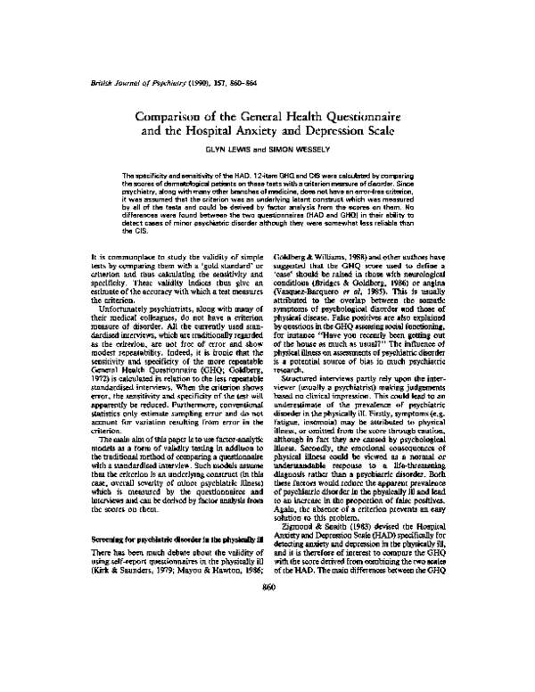 (PDF) Comparison of the General Health Questionnaire and the Cornell ...