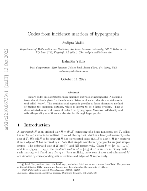 (PDF) Codes from incidence matrices of hypergraphs