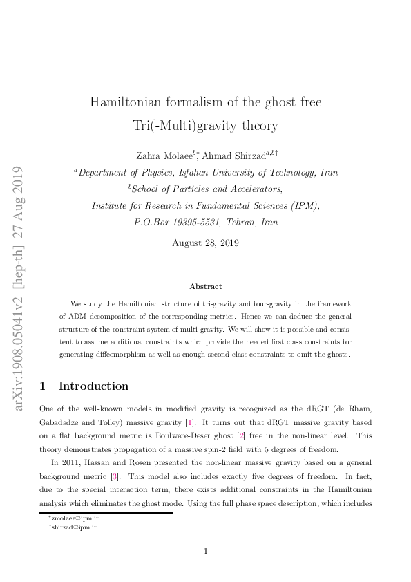 (PDF) Hamiltonian formalism of the ghost free tri(-multi)gravity theory