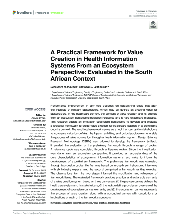 (PDF) A Practical Framework for Value Creation in Health Information Systems From an Ecosystem ...