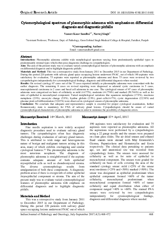 (PDF) Cytomorphological spectrum of pleomorphic adenoma with emphasis ...