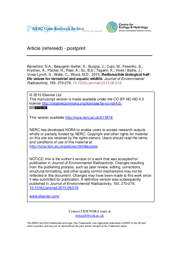 (PDF) Radionuclide biological half-life values for terrestrial and ...