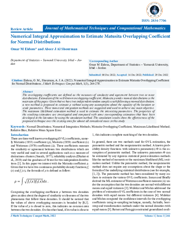 (PDF) Numerical Integral Approximation to Estimate Matusita Overlapping Coefficient for Normal ...