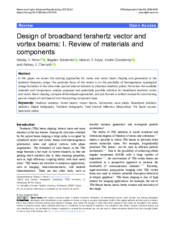 (PDF) Design of broadband terahertz vector and vortex beams: I. Review of materials and components