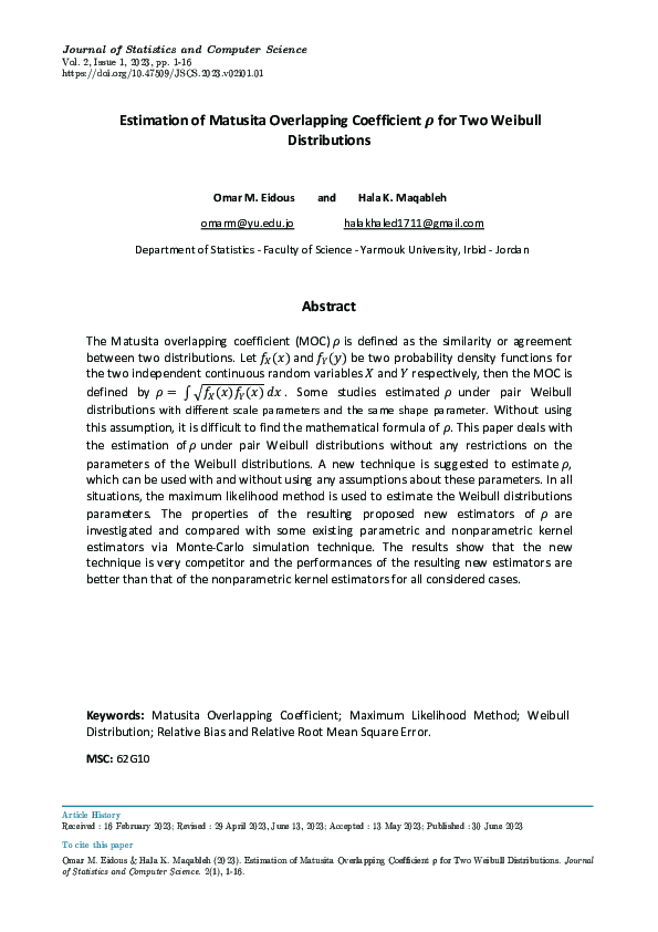 (PDF) Estimation of Matusita Overlapping Coefficient for Two Weibull Distributions