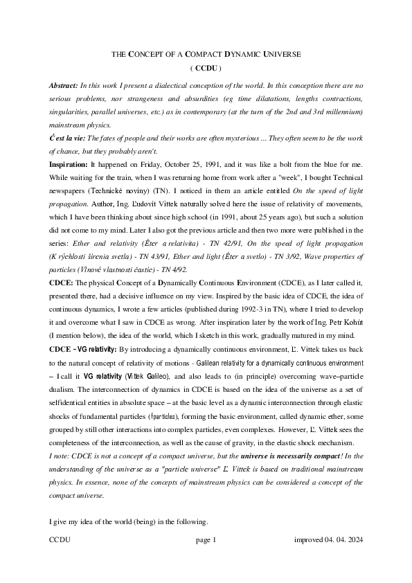 (PDF) CONCEPT OF A COMPACT DYNAMIC UNIVERSE - improved (4.4.2024)