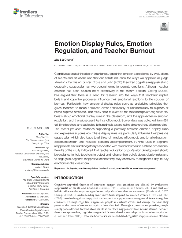 (PDF) Emotion Display Rules, Emotion Regulation, and Teacher Burnout
