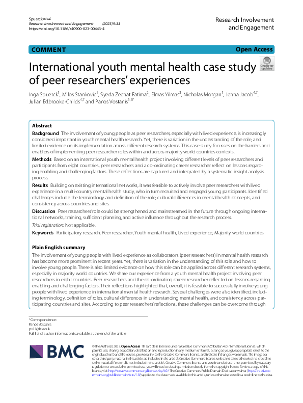 (PDF) International youth mental health case study of peer researchers ...