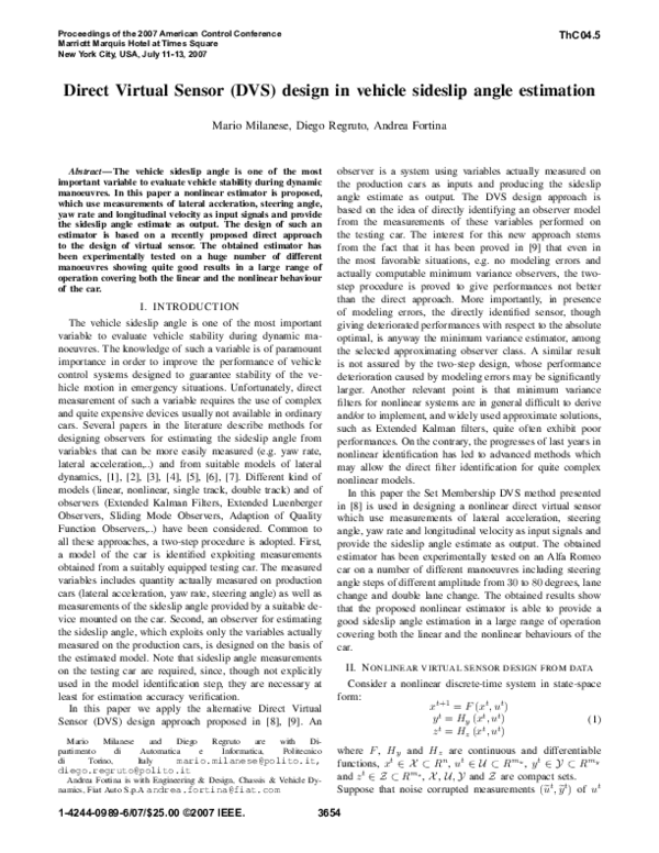 (PDF) Direct Virtual Sensor (DVS) design in vehicle sideslip angle estimation