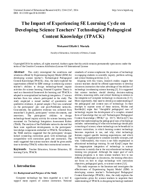 (PDF) The Impact of Experiencing 5E Learning Cycle on Developing Science Teachers' Technological ...
