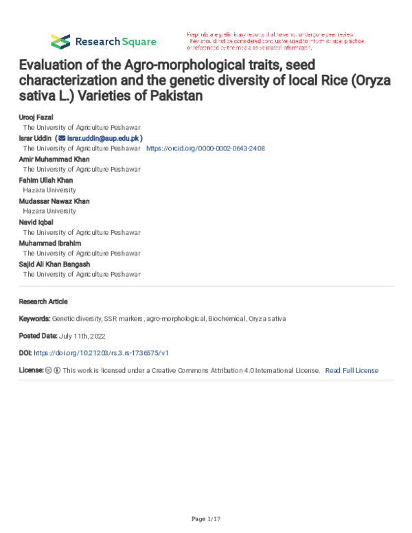 (PDF) Evaluation of agro-morphological traits, seed characterization and genetic diversity of ...