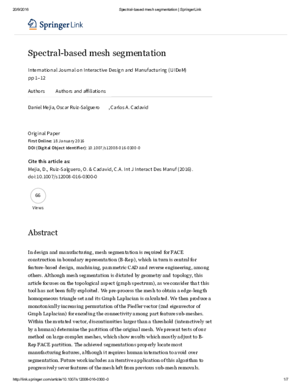 (PDF) Spectral-based mesh segmentation