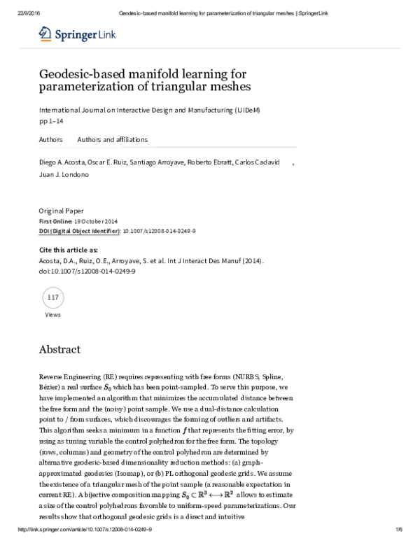 (PDF) Geodesic-based manifold learning for parameterization of triangular meshes