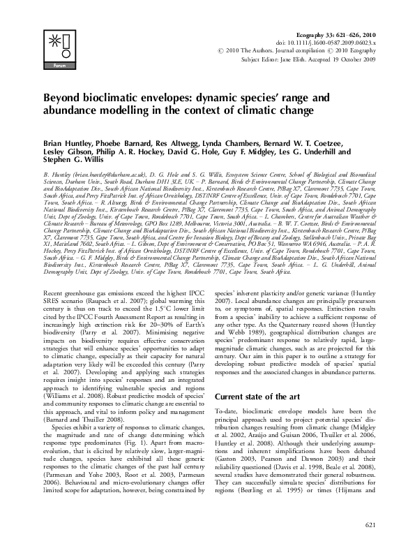 (PDF) Beyond bioclimatic envelopes: dynamic species' range and ...