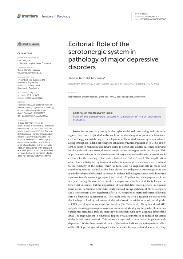 (PDF) Editorial: Role of the serotonergic system in pathology of major depressive disorders ...