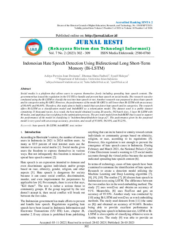 Pdf Indonesian Hate Speech Detection Using Bidirectional Long Short