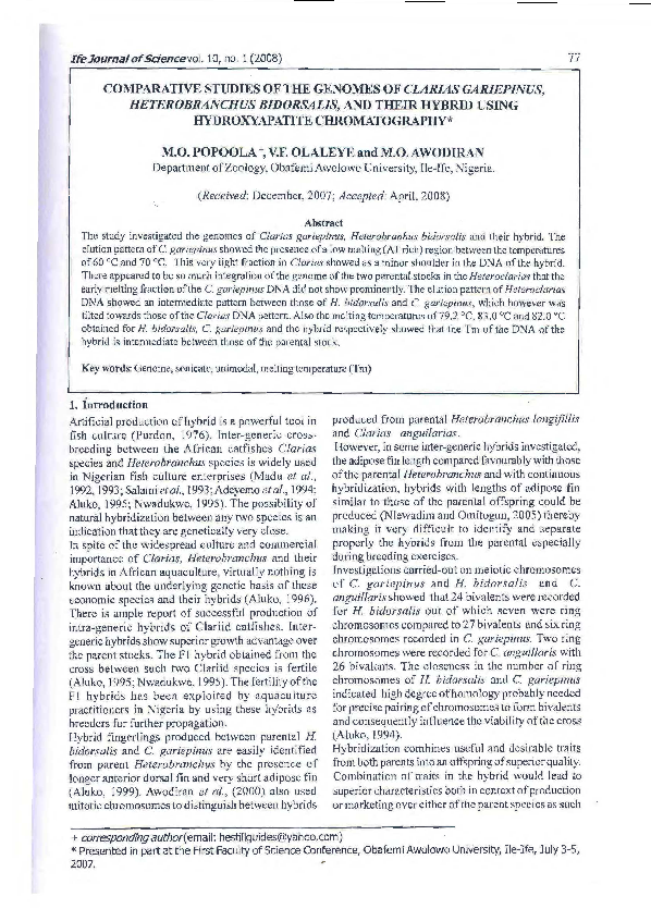 (PDF) Comparative studies of the genomes of Clarias gariepinus ...