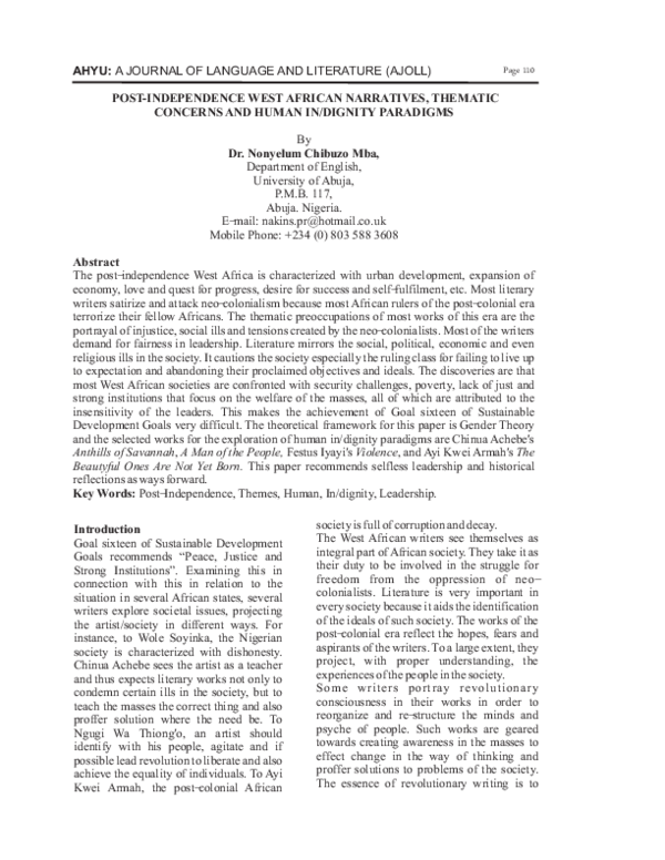 (PDF) POST-INDEPENDENCE WEST AFRICAN NARRATIVES, THEMATIC CONCERNS AND ...